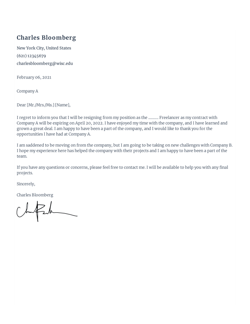 Free Freelancer Resignation Letter Sample Rezi