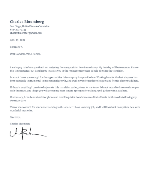 Free Immediate Notice Resignation Letter Sample - Rezi