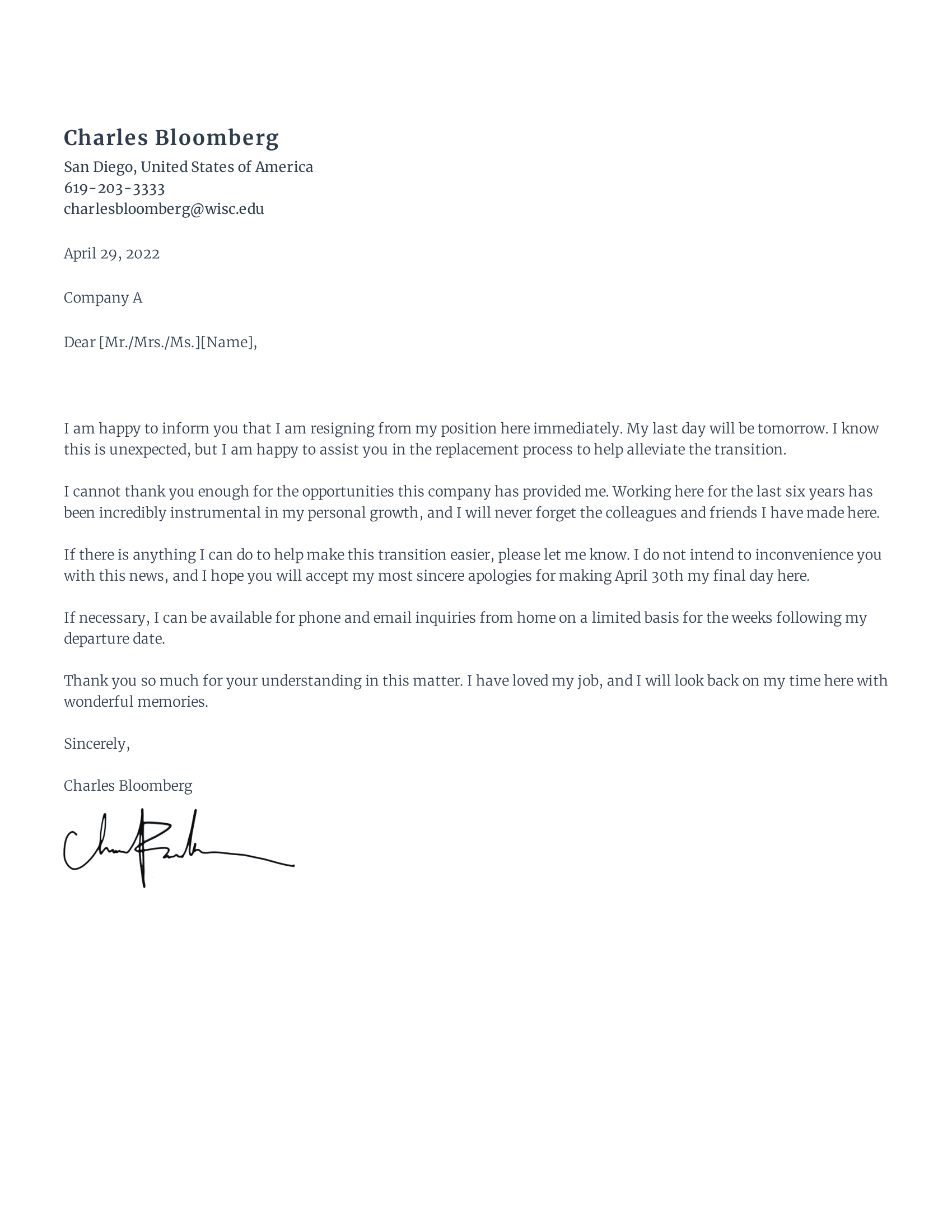 Free Immediate Notice Resignation Letter Sample Rezi
