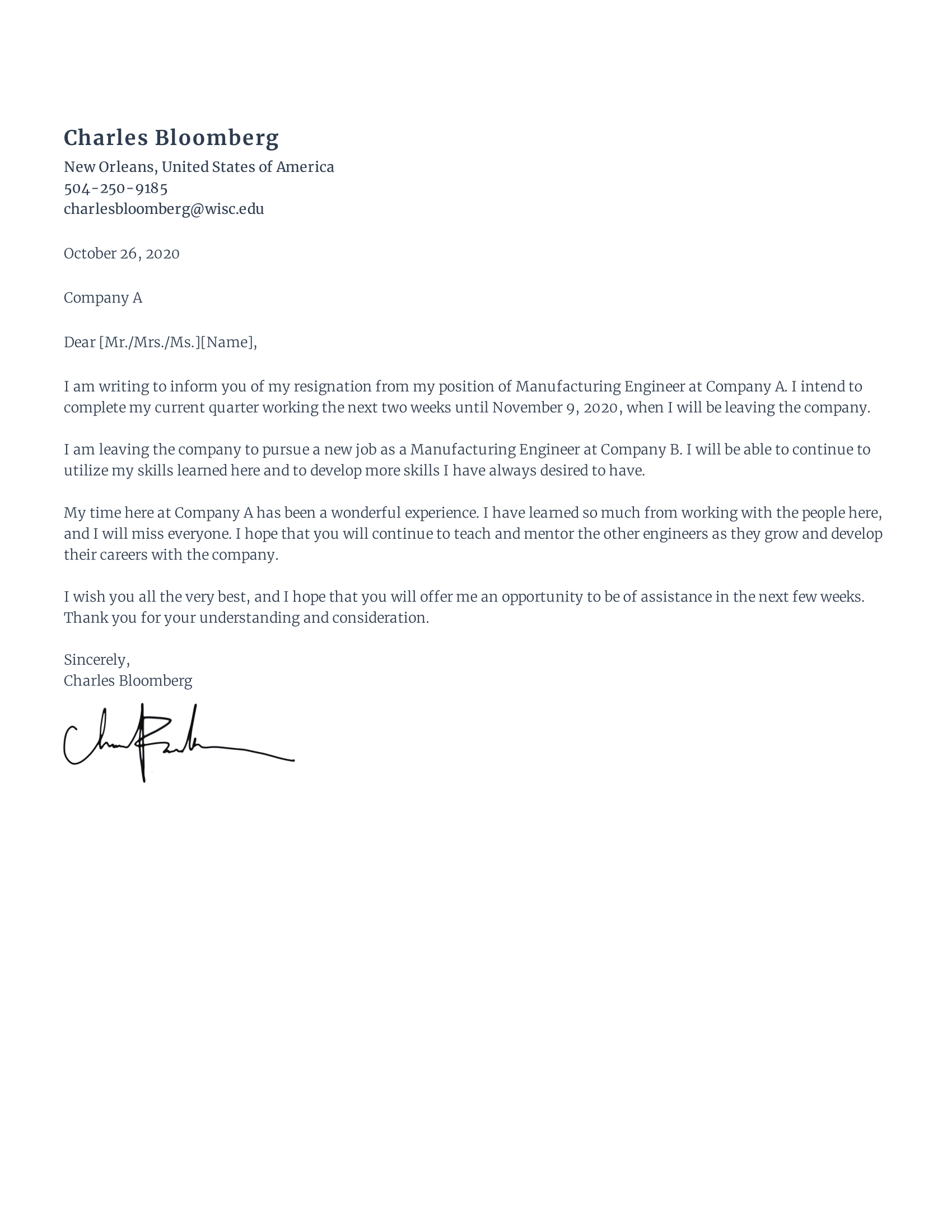 Free Manufacturing Engineer Resignation Letter Sample Rezi