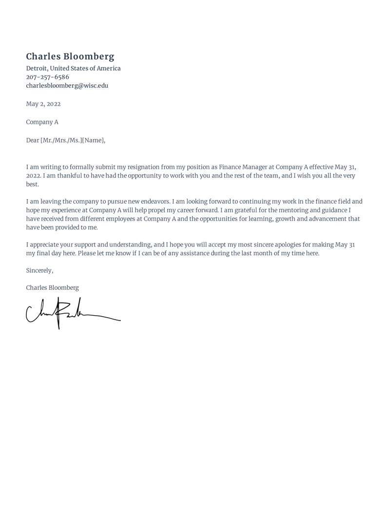 Free One Month Notice Resignation Letter Sample - Rezi