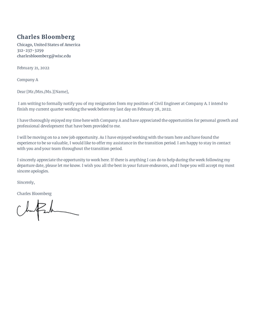 Free One Week Notice Resignation Letter Sample - Rezi