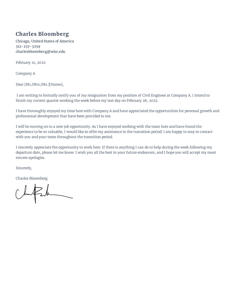 Free One Week Notice Resignation Letter Sample - Rezi