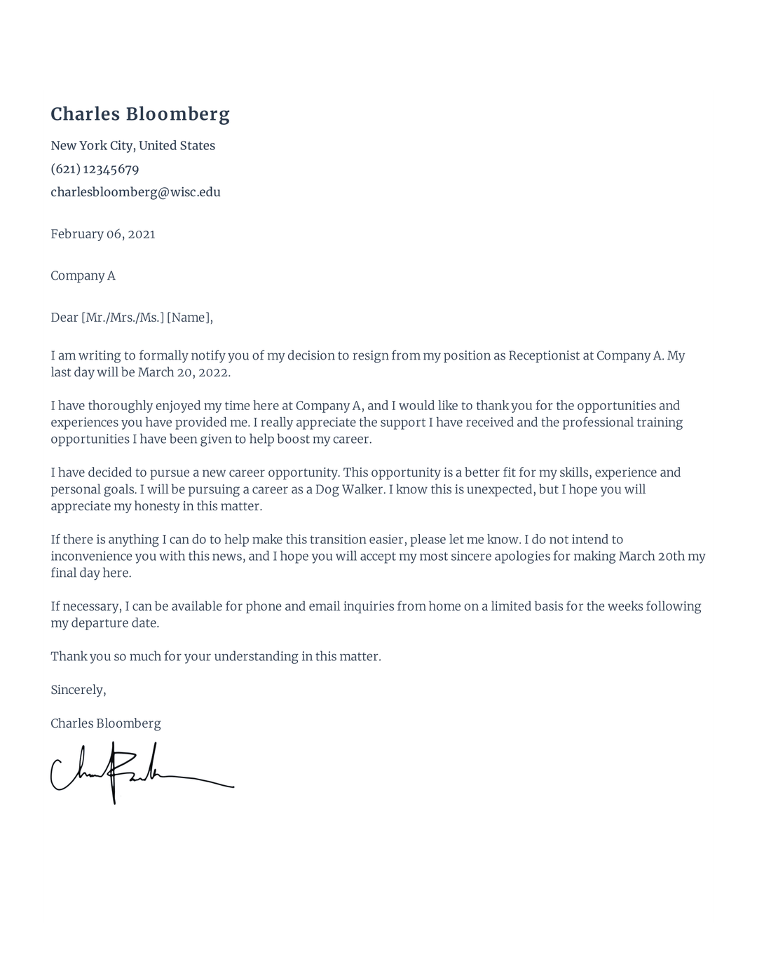 Free Receptionist Resignation Letter Sample - Rezi