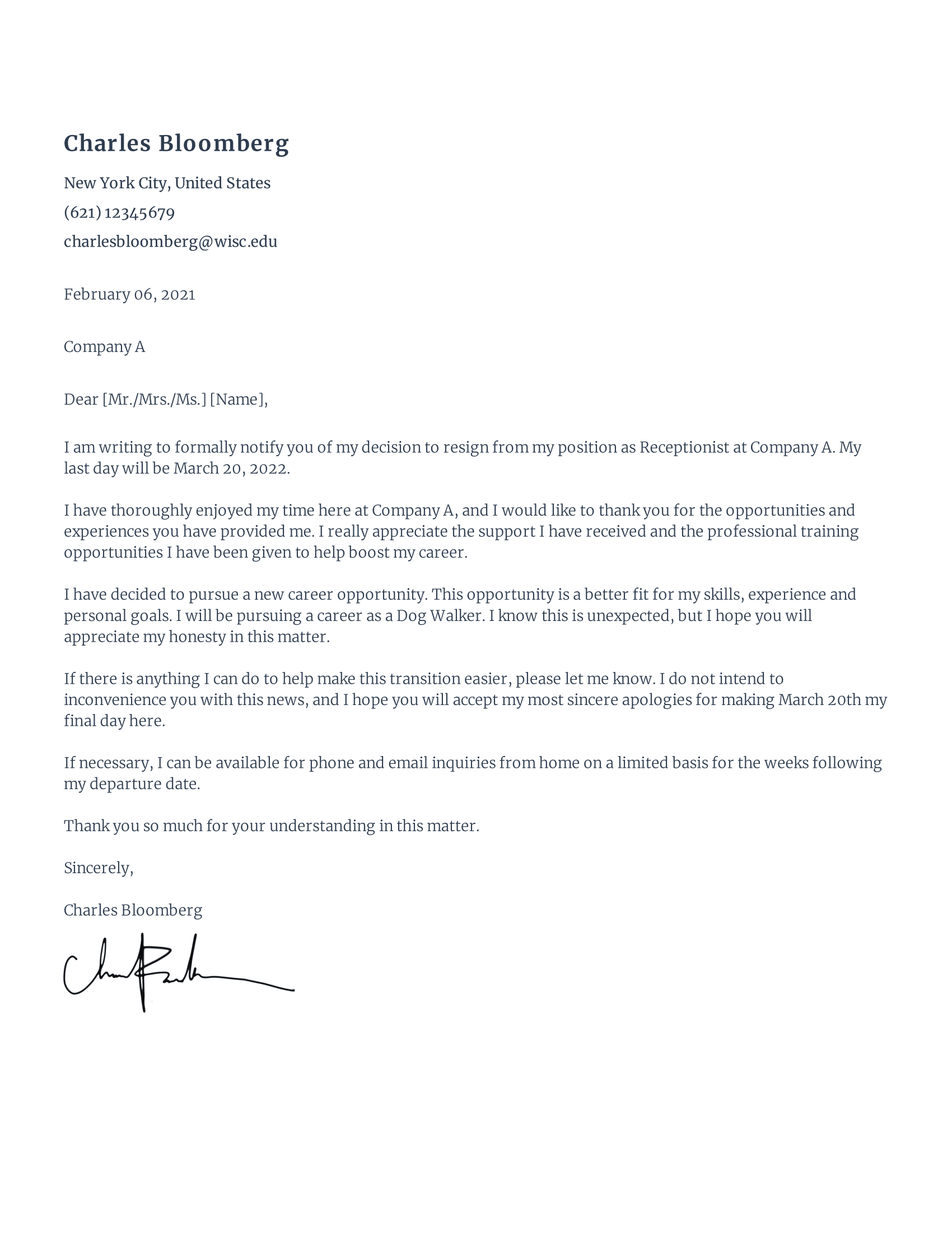 Free Receptionist Resignation Letter Sample Rezi