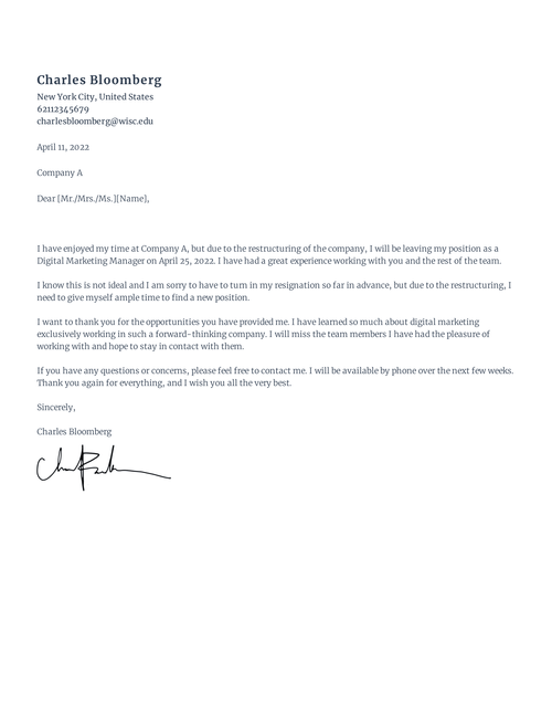 Free Restructuring Resignation Letter Sample - Rezi