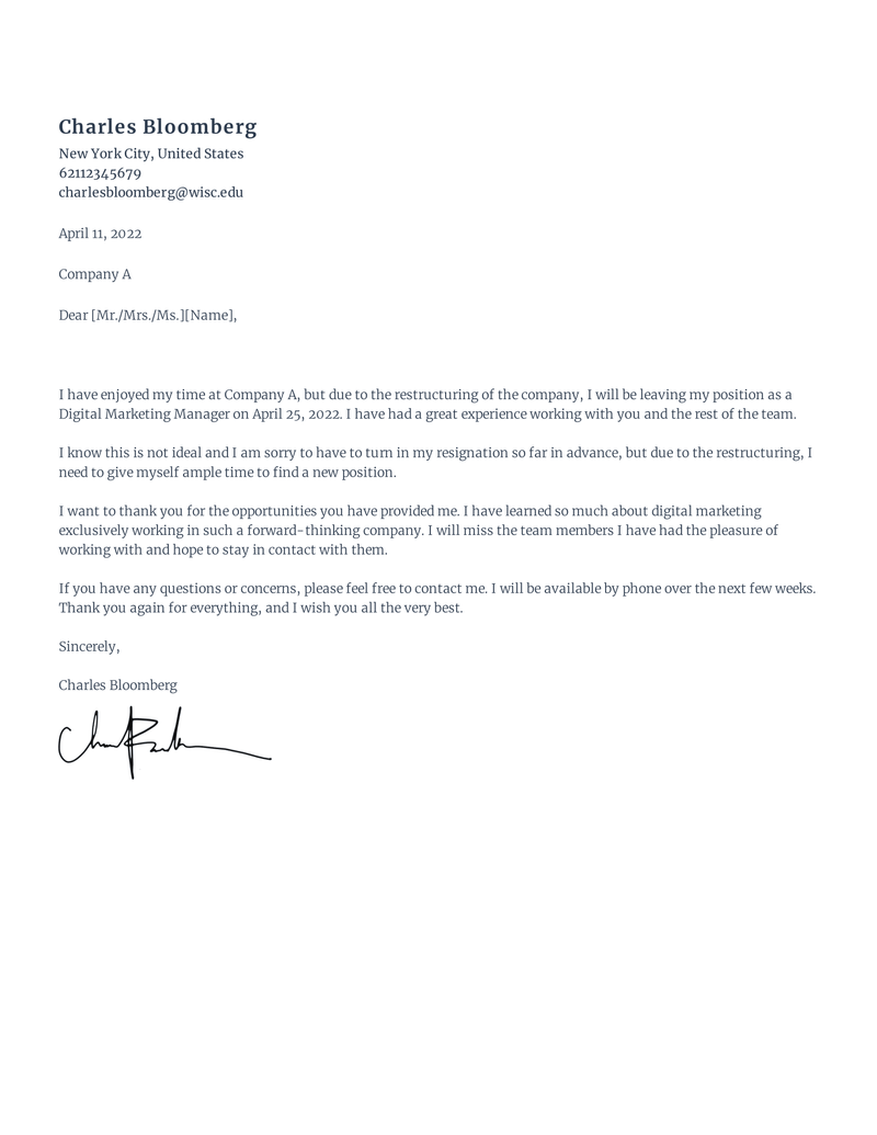 Free Restructuring Resignation Letter Sample - Rezi