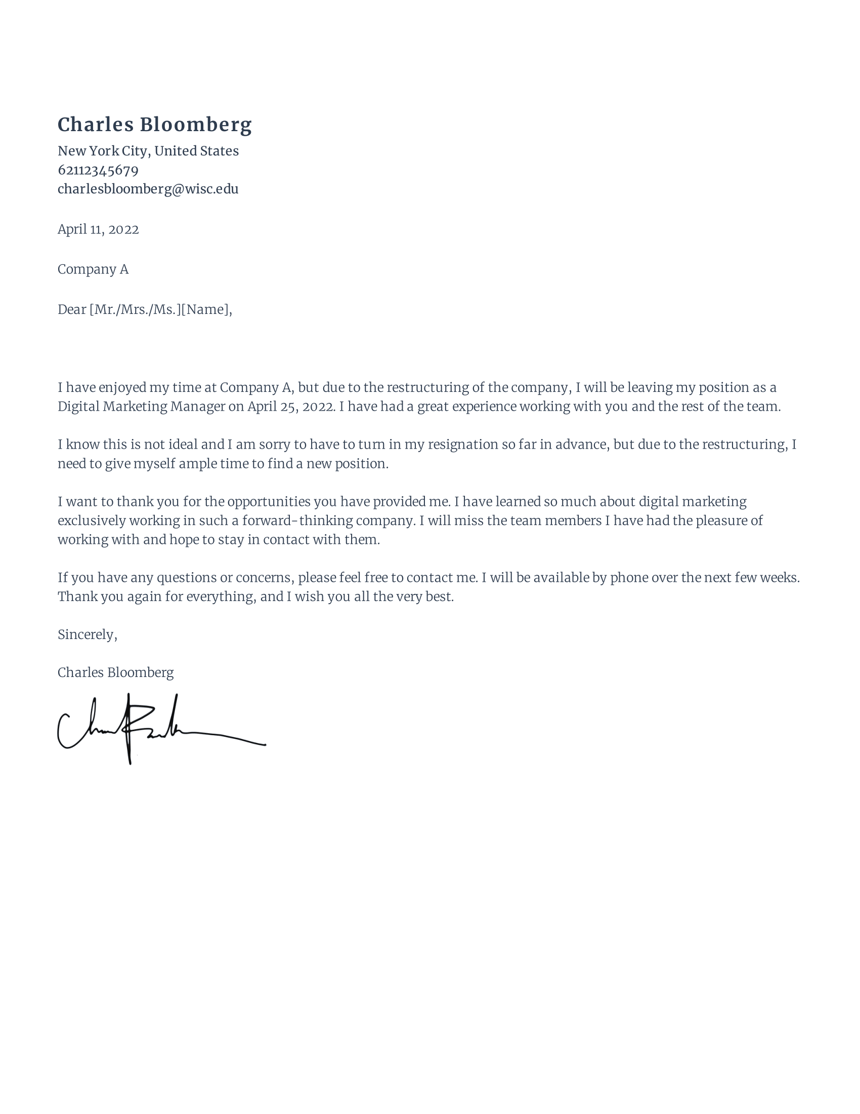 Free Restructuring Resignation Letter Sample Rezi