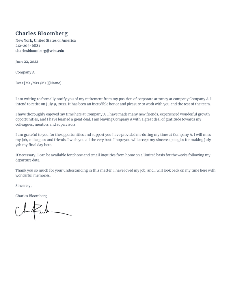 Free Retirement Notice Resignation Letter Sample - Rezi
