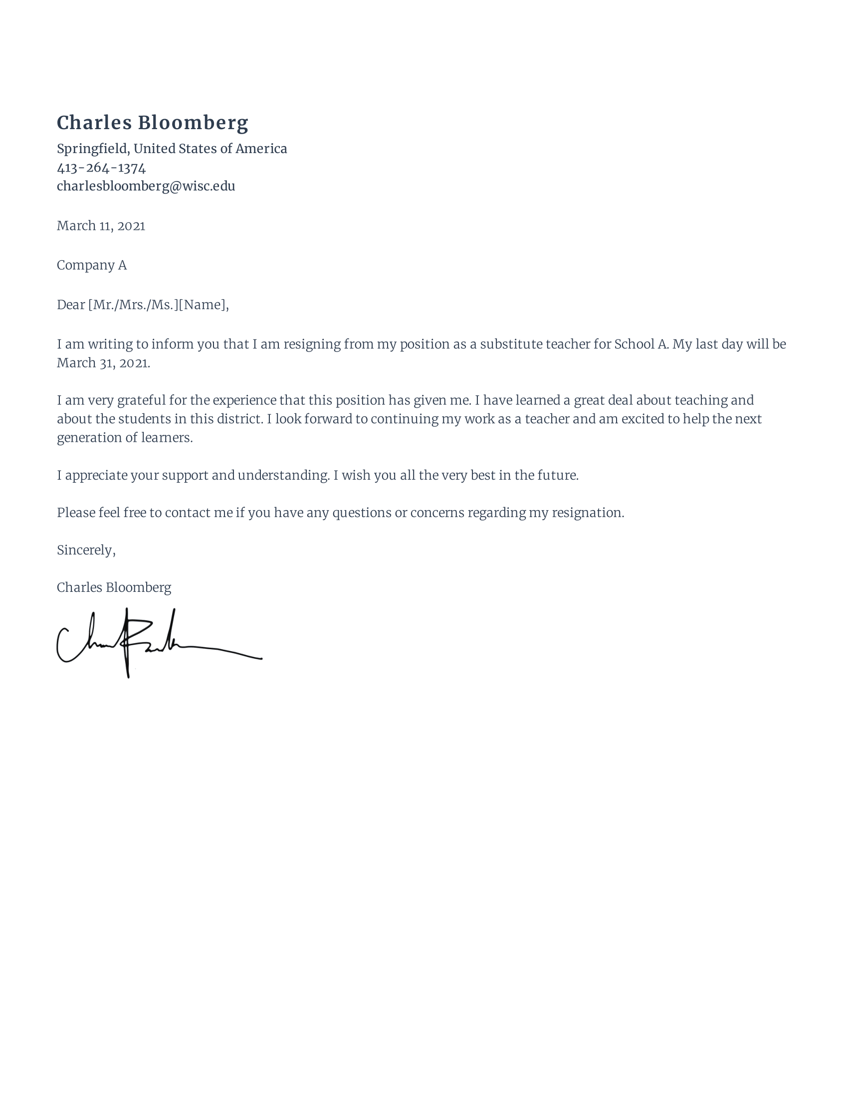Free Substitute Teacher Resignation Letter Sample Rezi Free Substitute Teacher Resignation Letter Sample Rezi