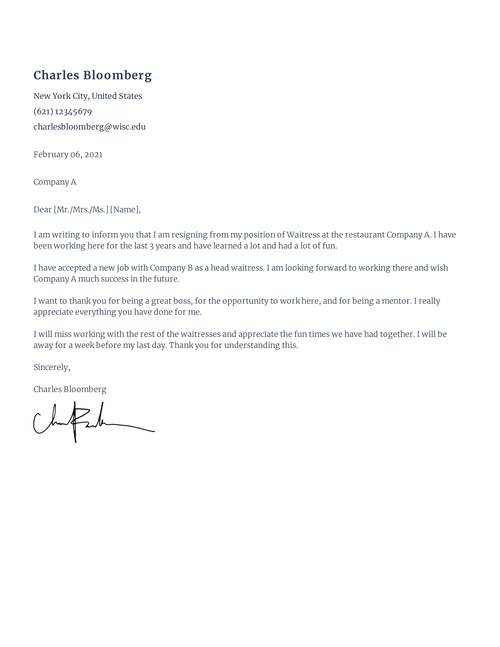 Free Waitress Resignation Letter Sample - Rezi