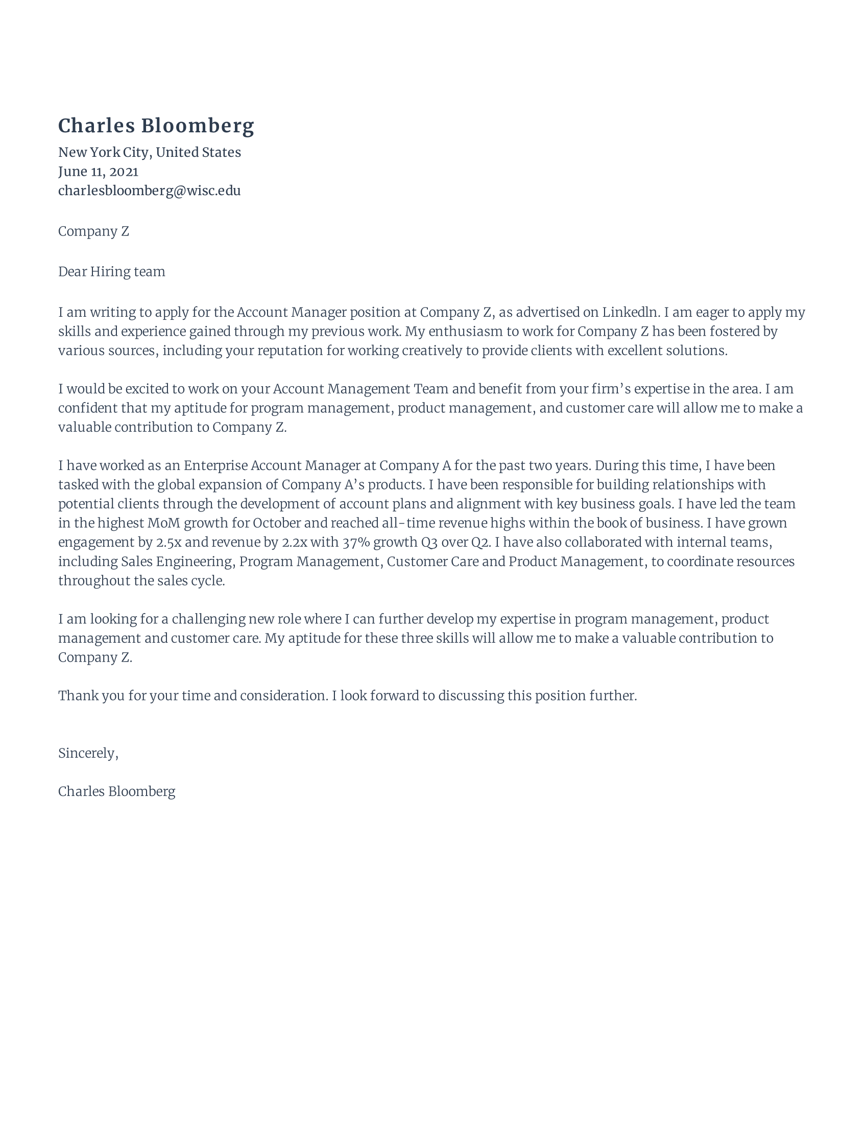 Free Account Manager Cover Letter Sample Rezi