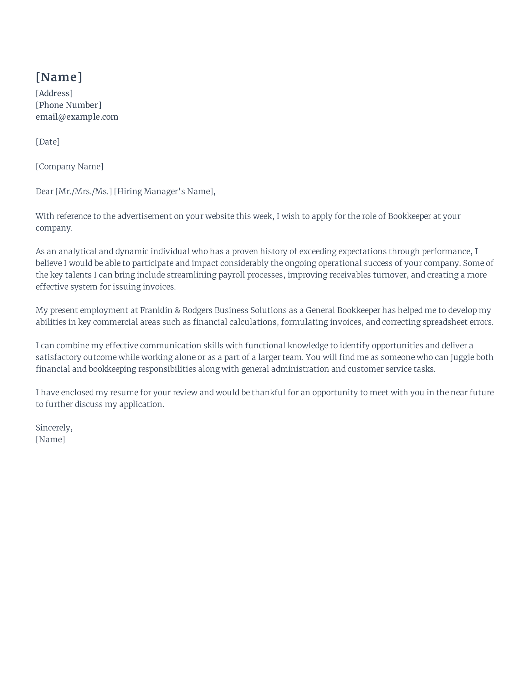 Free Bookkeeper Cover Letter Sample Rezi