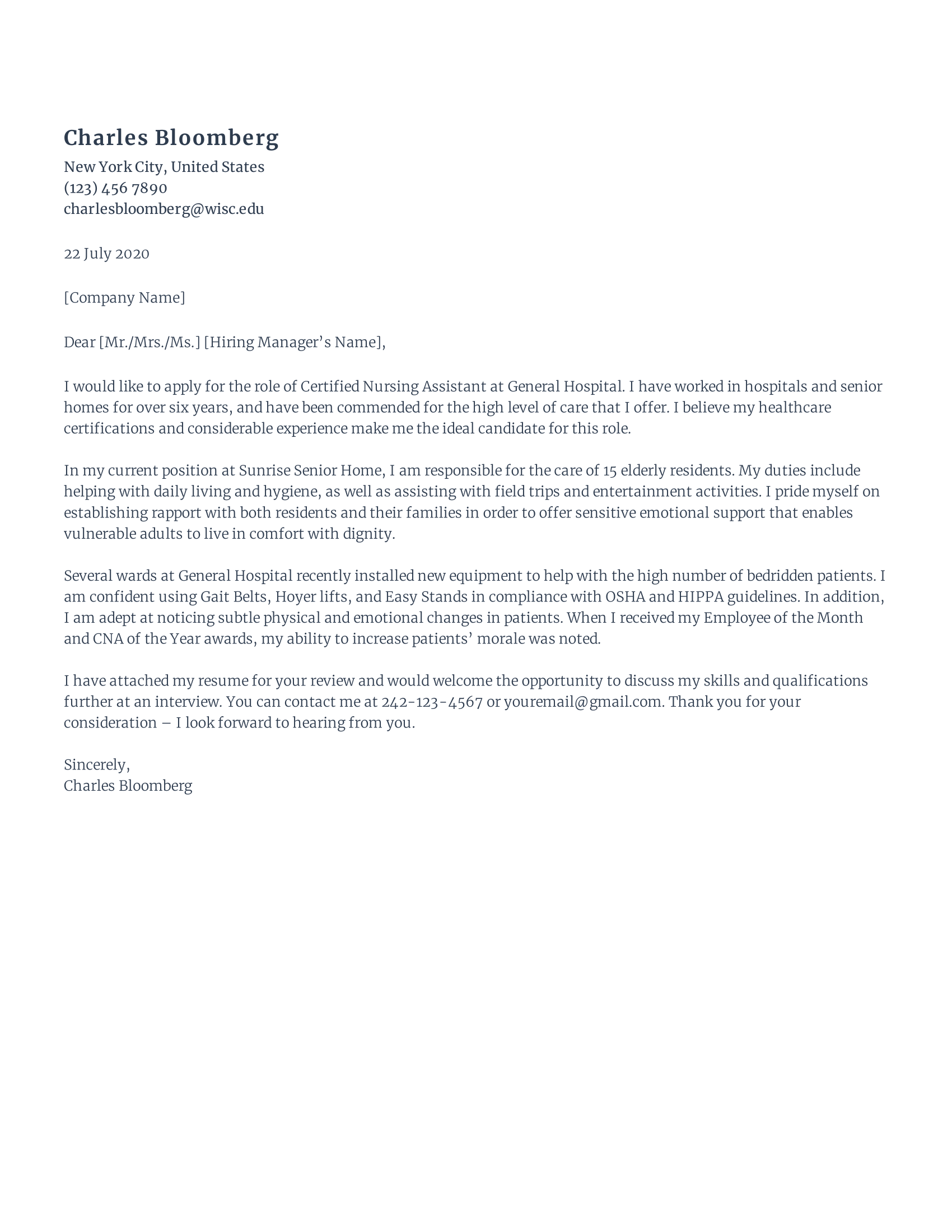 Free Certified Nursing Assistant Cover Letter Sample Rezi