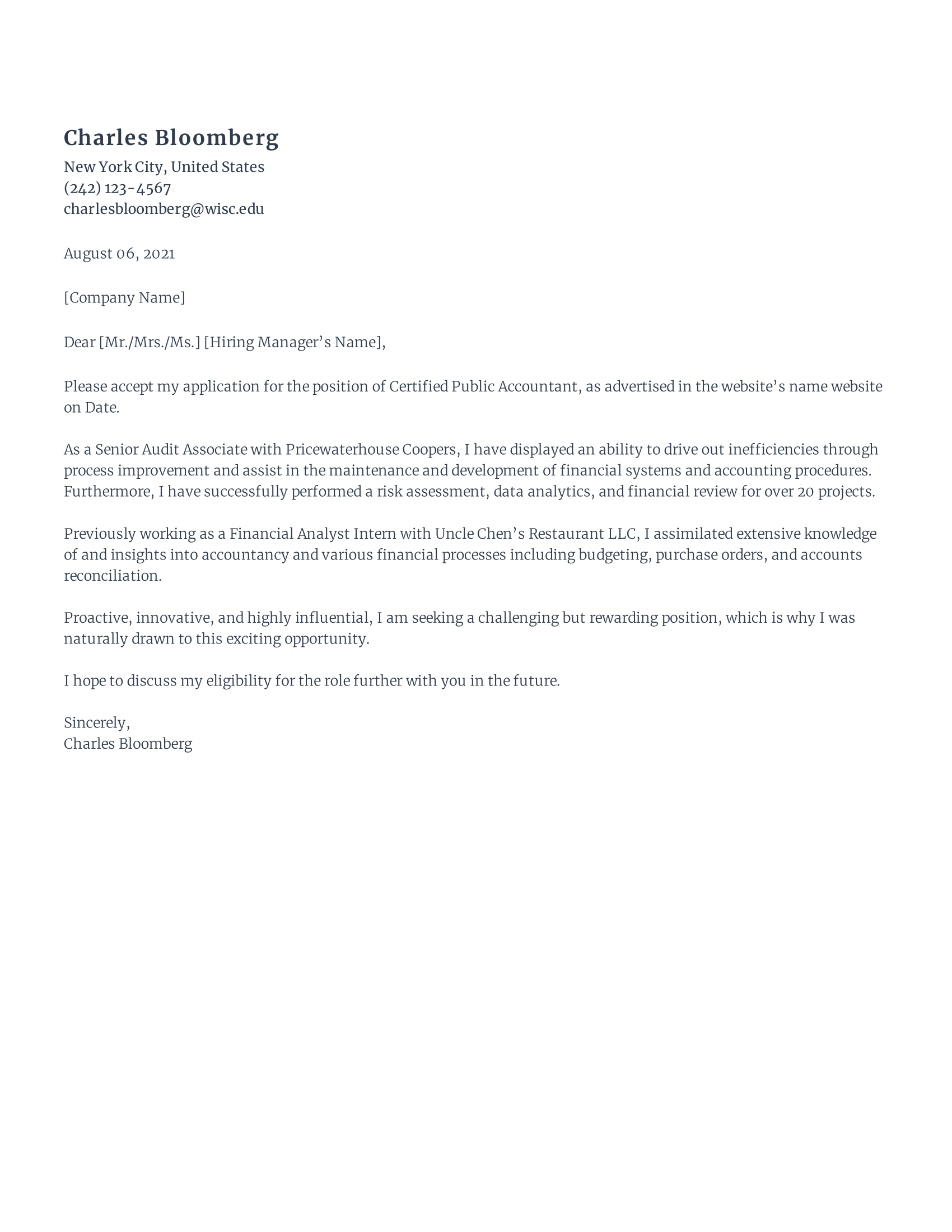 Free Certified Public Accountant Cover Letter Sample Rezi