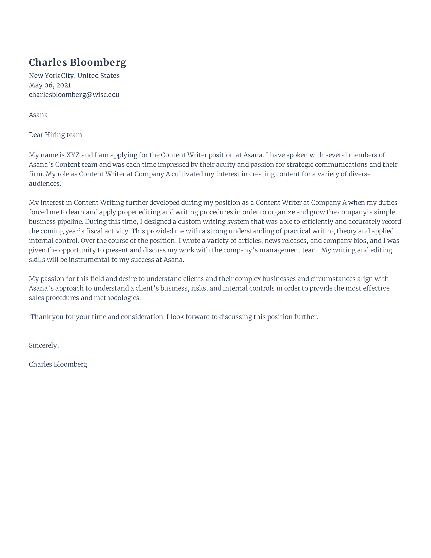 Free Content Writer Cover Letter Sample Rezi