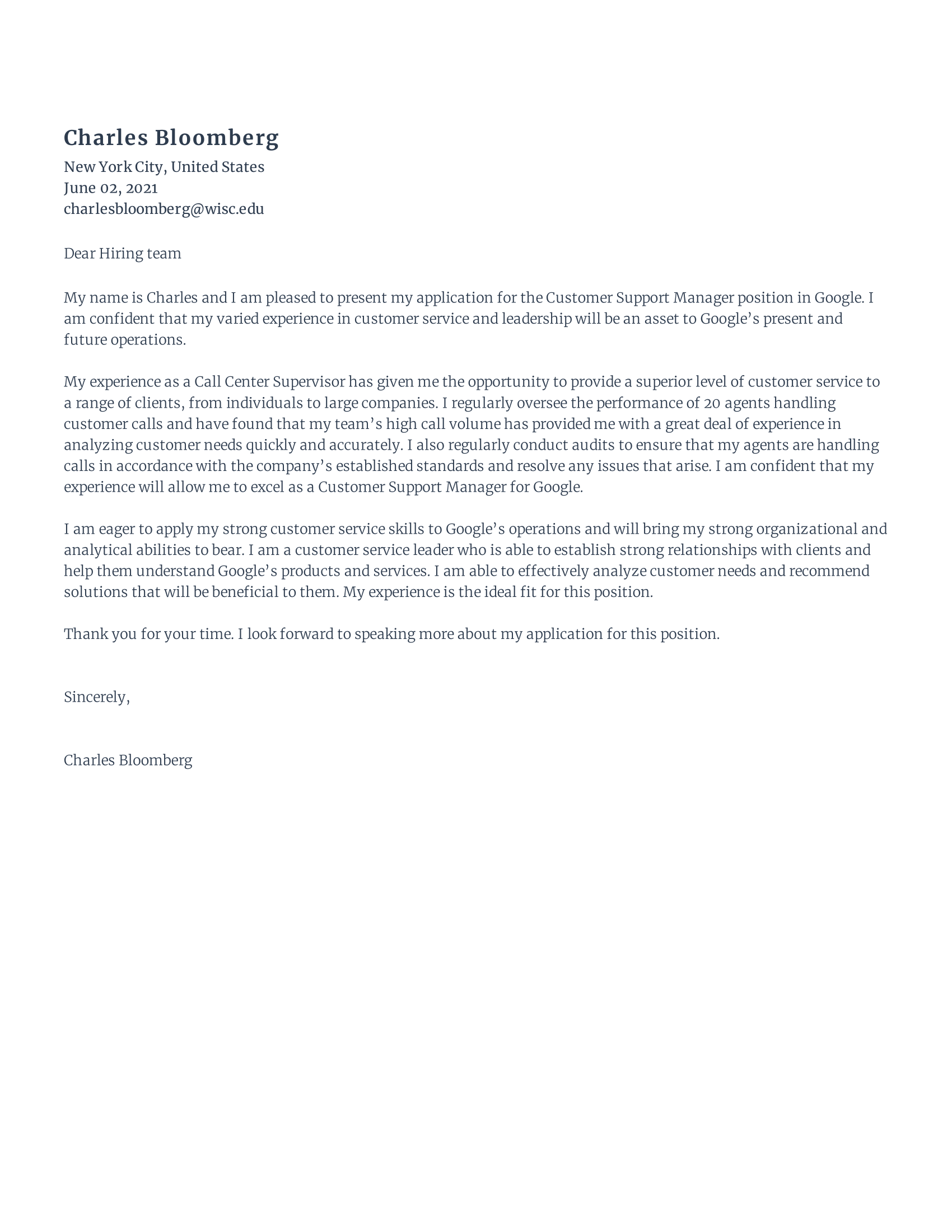 Free Customer Support Cover Letter Sample Rezi
