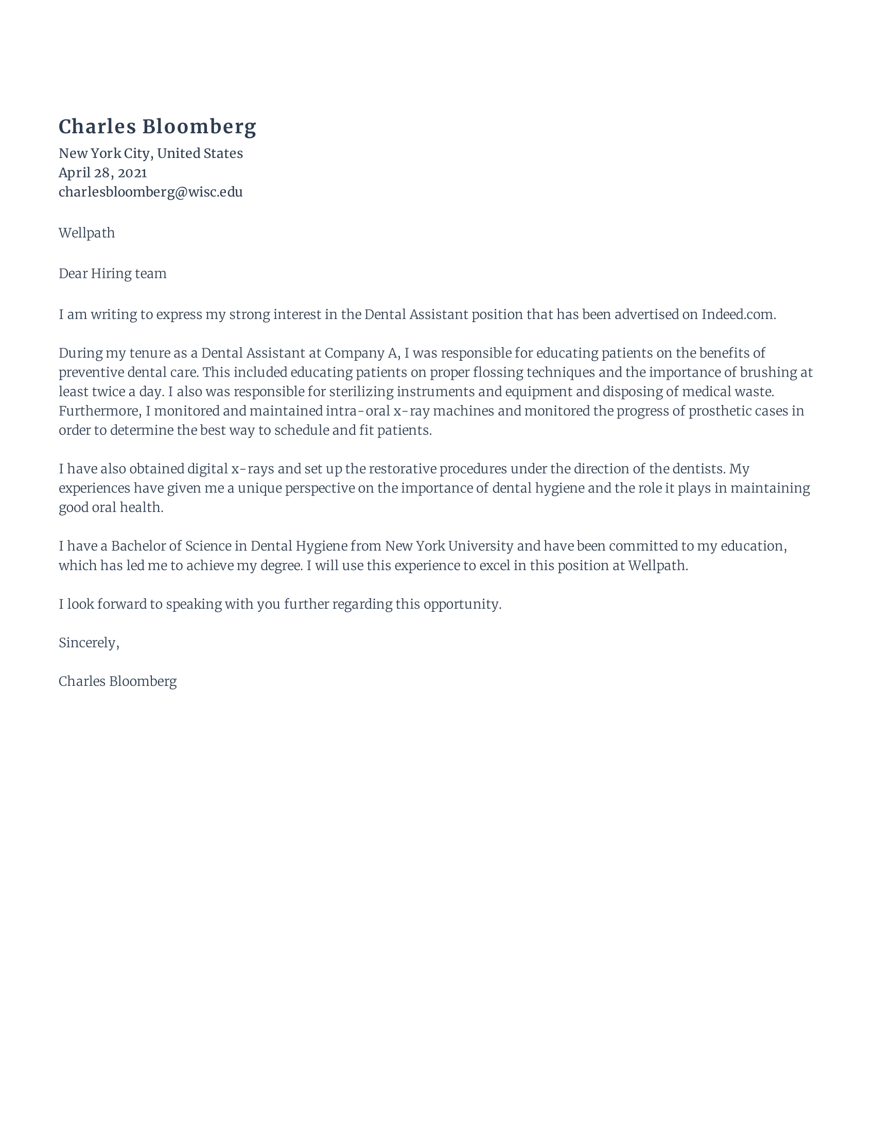 Free Dental Assistant Cover Letter Sample Rezi