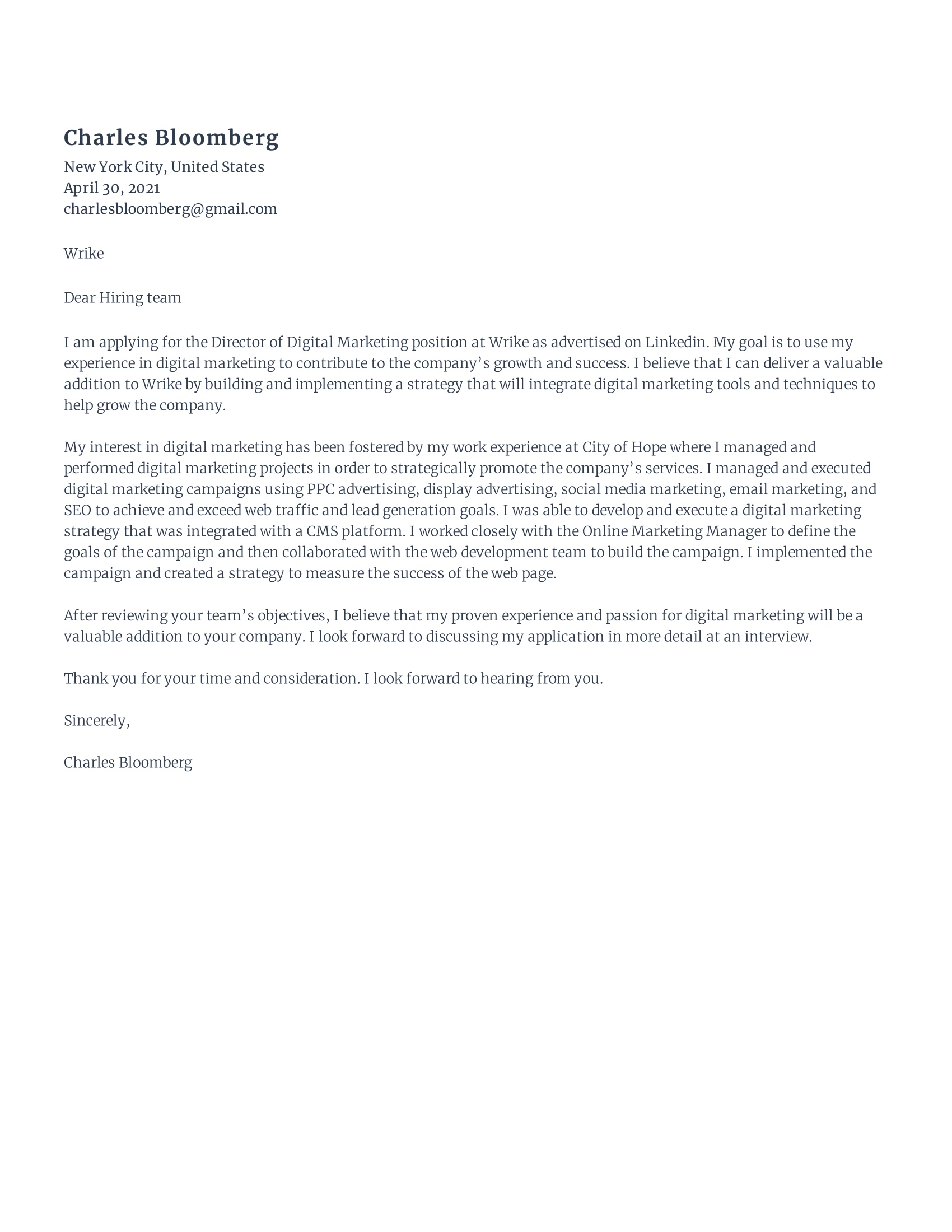 Free Digital Marketing Cover Letter Sample Rezi