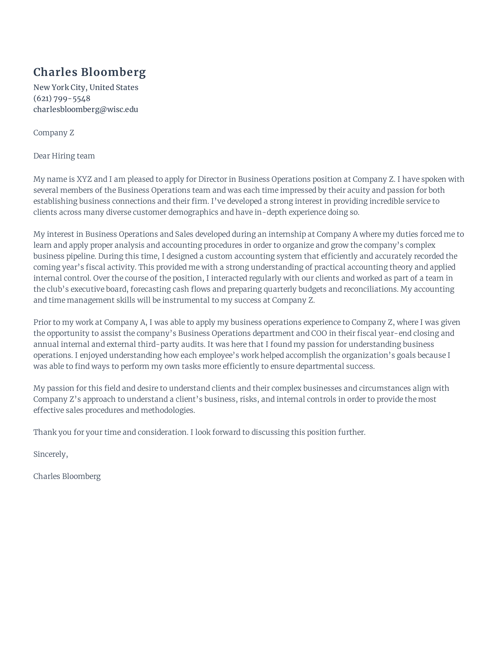 Free Director Of Business Operations Cover Letter Sample Rezi