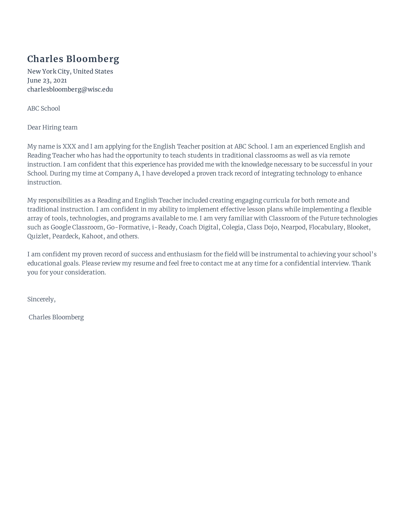 Free English Language Teacher Cover Letter Sample Rezi