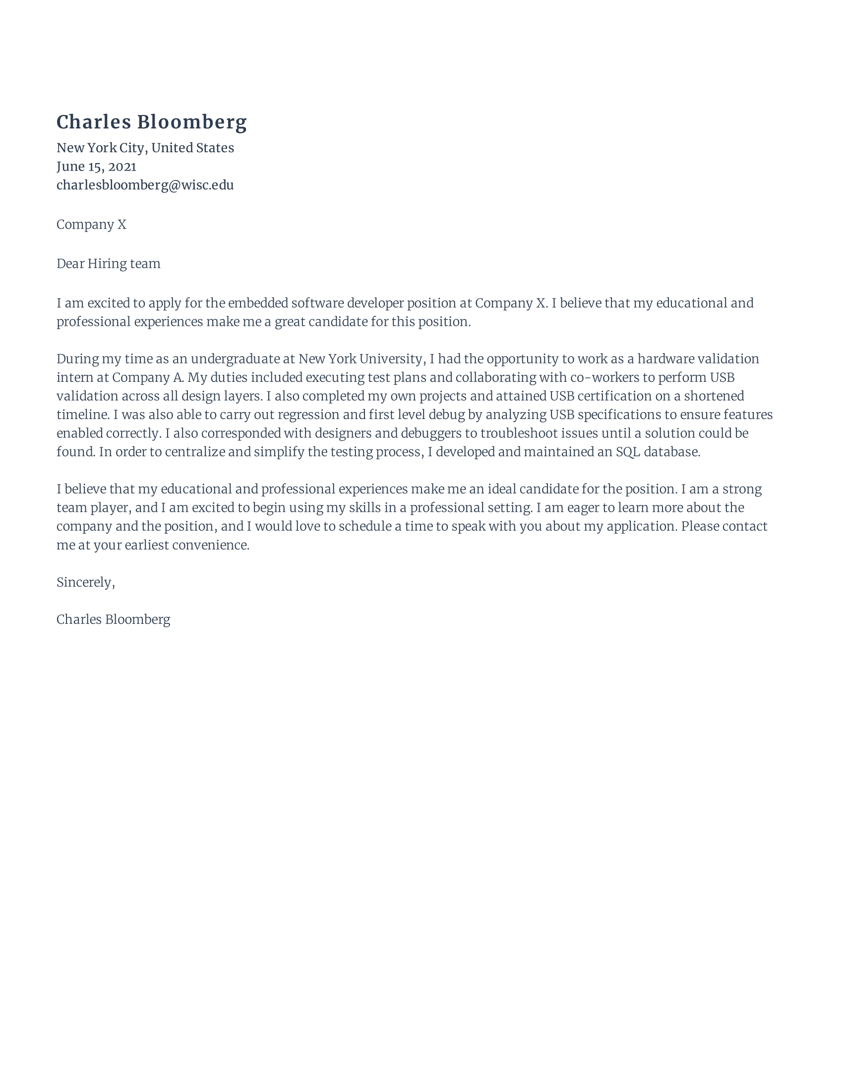 Free Embedded Software Developer Cover Letter Sample Rezi