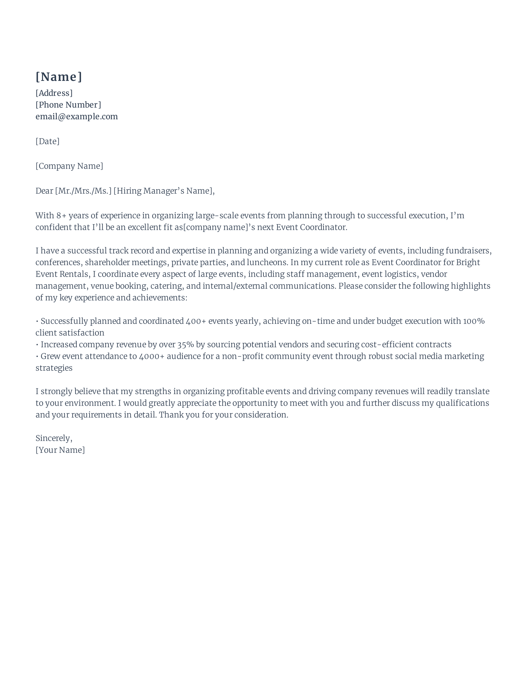 Free Event Coordinator Cover Letter Sample Rezi
