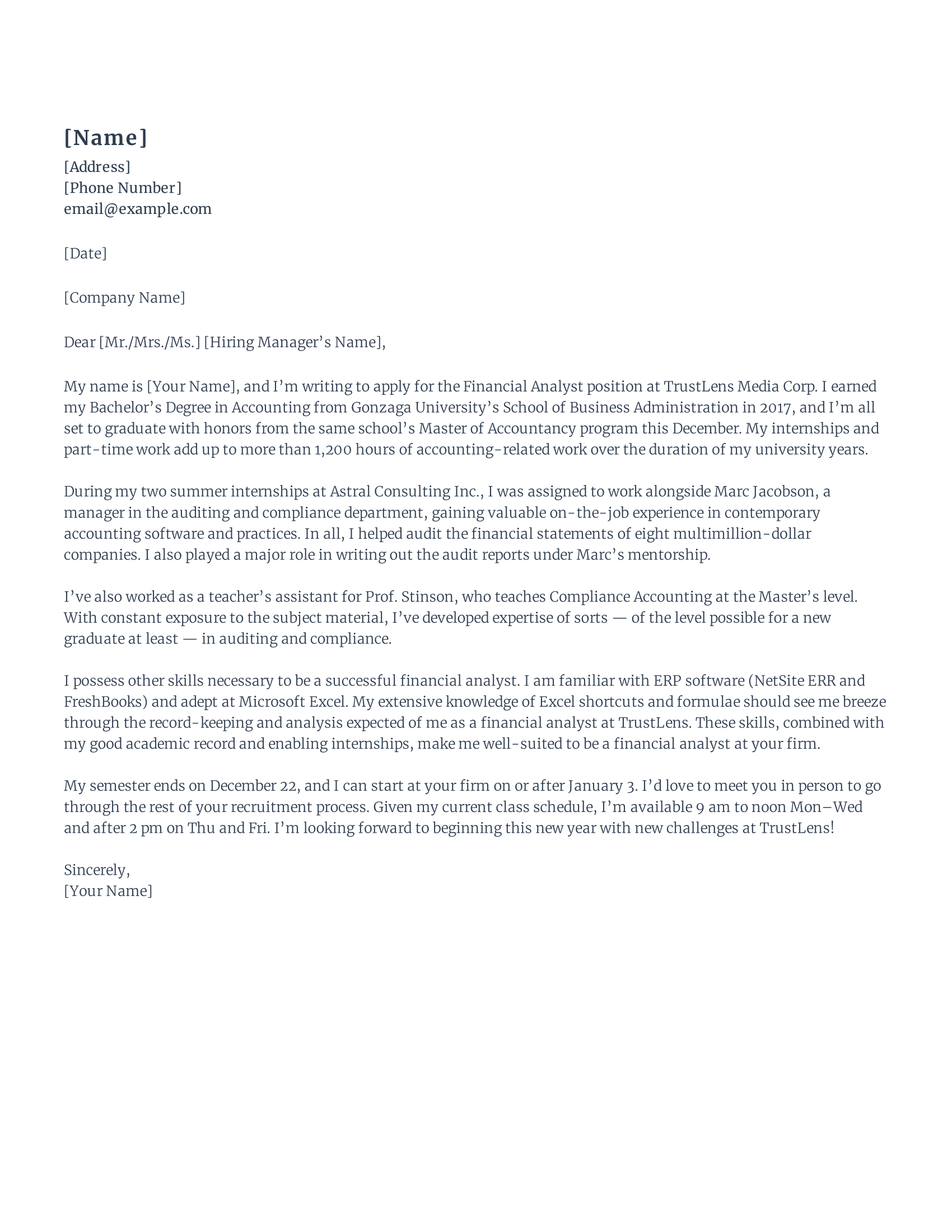 Free Financial Analyst Cover Letter Sample Rezi