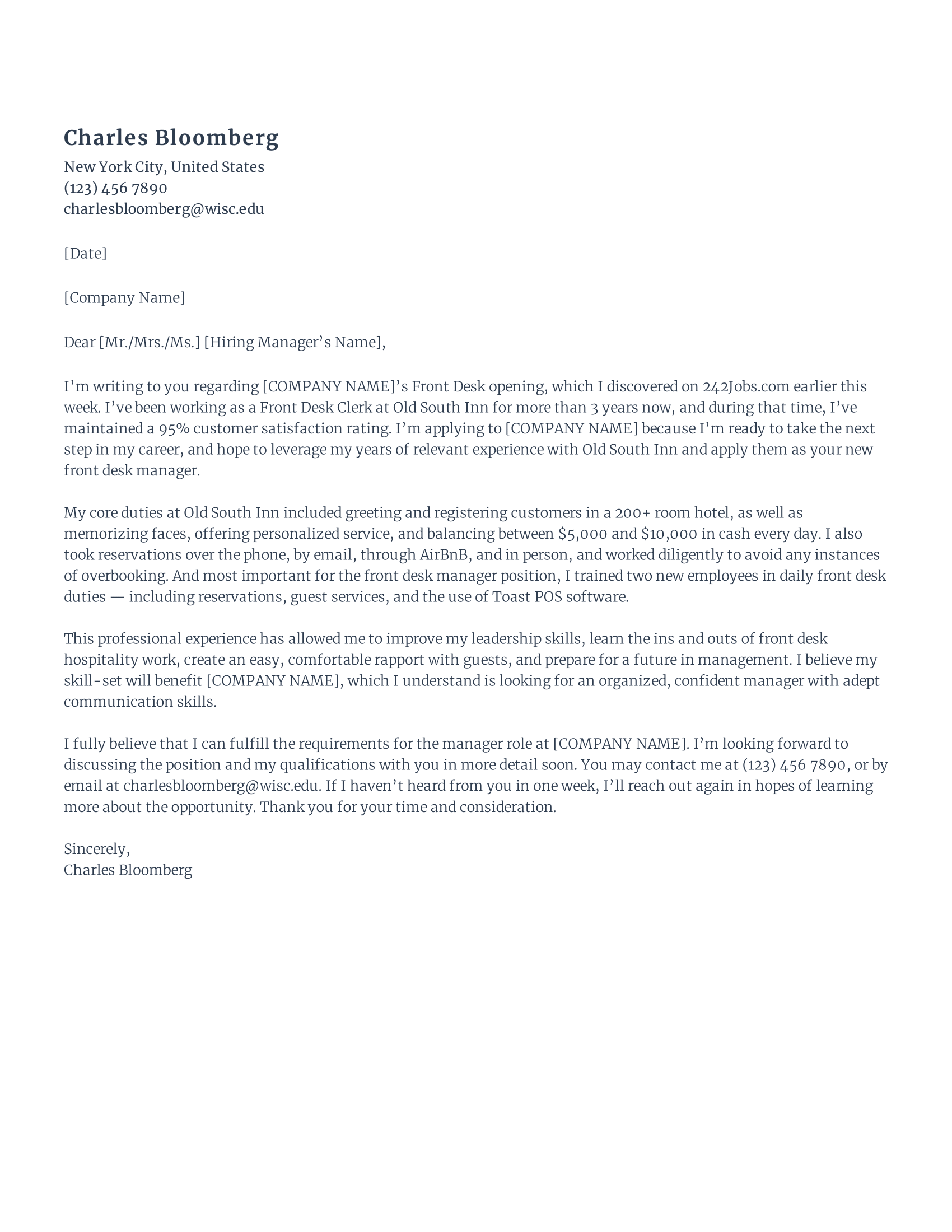 Free Hospitality Cover Letter Sample Rezi