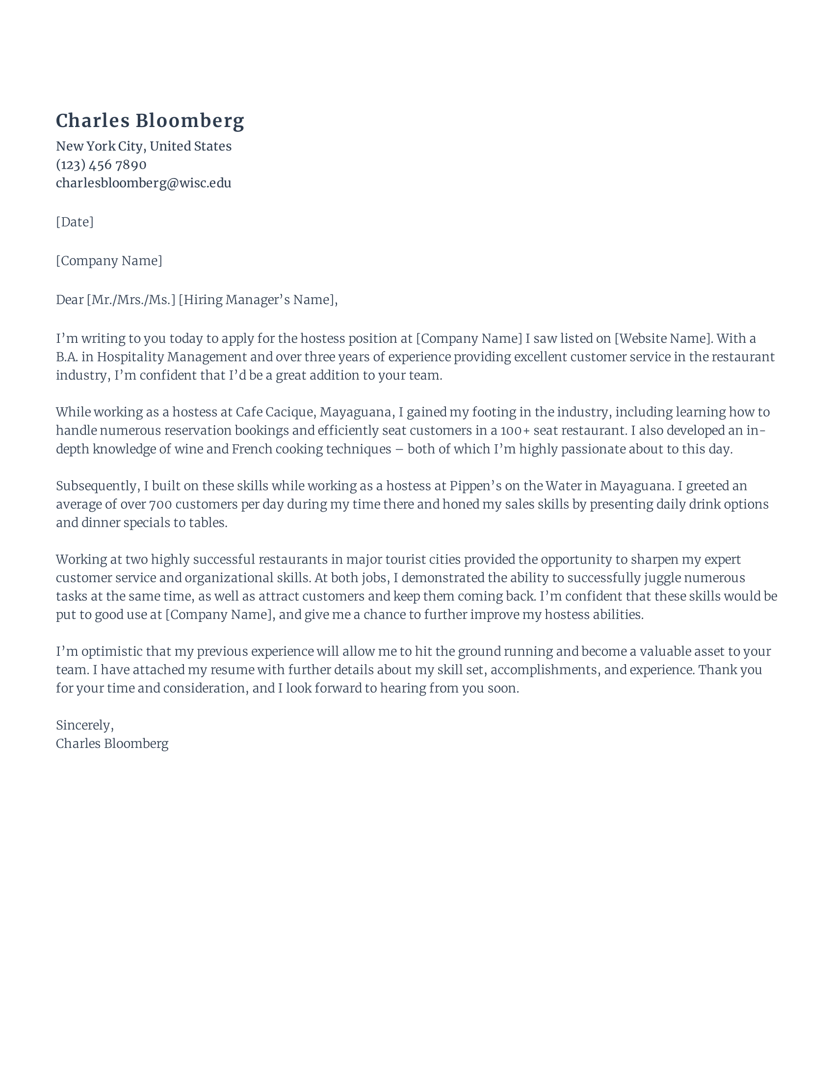 Free Host Hostess Cover Letter Sample Rezi