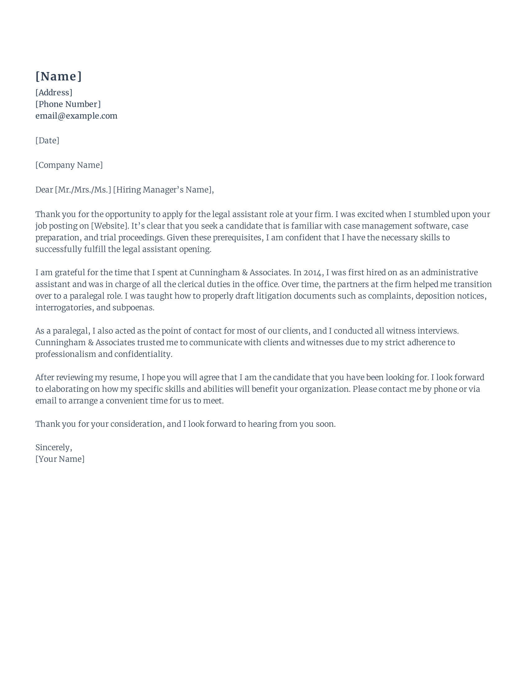 Free Legal Assistant Cover Letter Sample Rezi