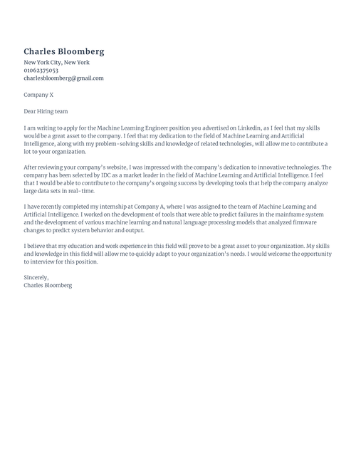 Free Machine Learning Engineer Cover Letter Sample - Rezi
