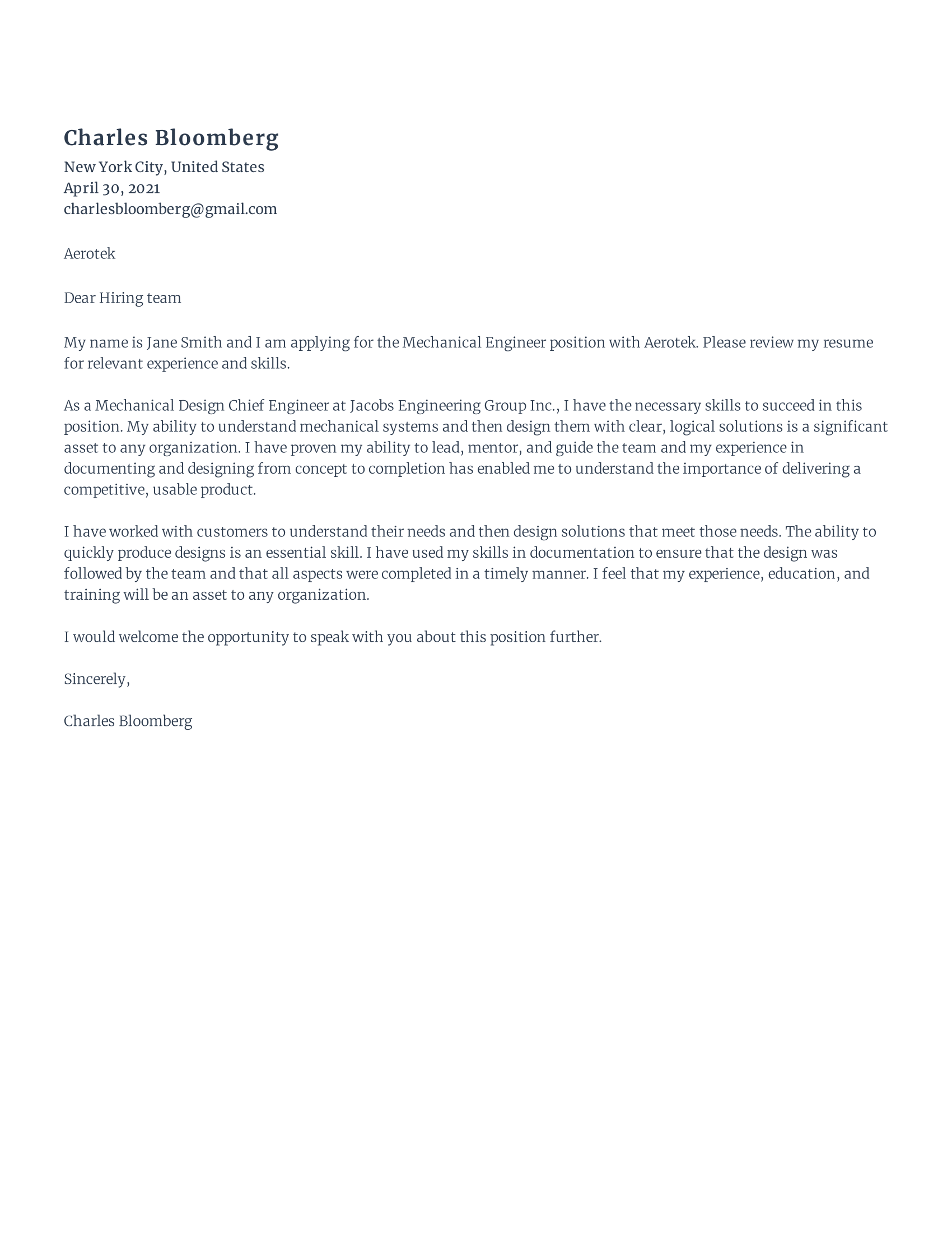 Free Mechanical Engineer Cover Letter Example Writing Tips Sample Rezi