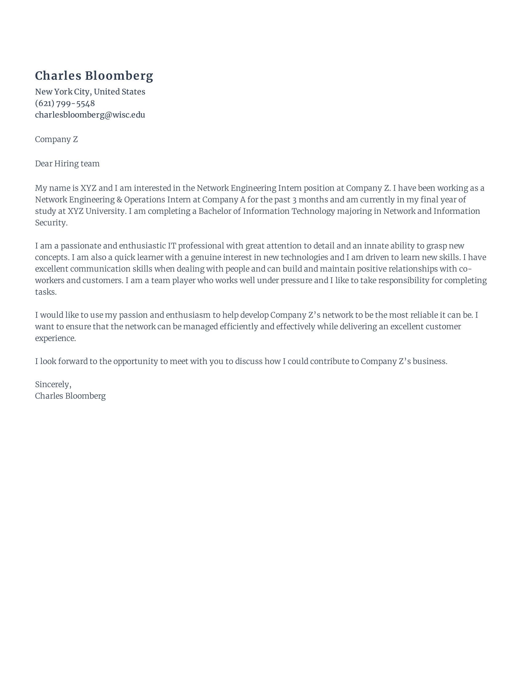 Free Network Engineering Intern Cover Letter Sample Rezi