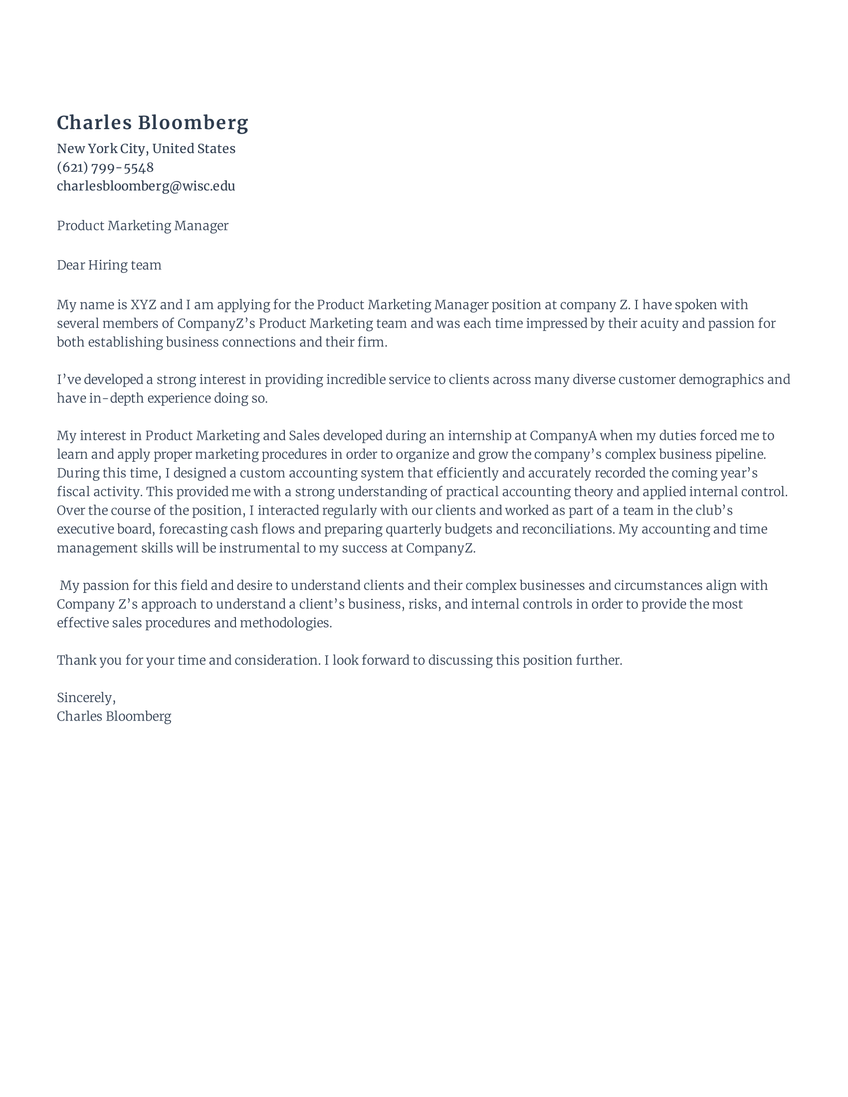Free Product Marketing Manager Cover Letter Sample Rezi