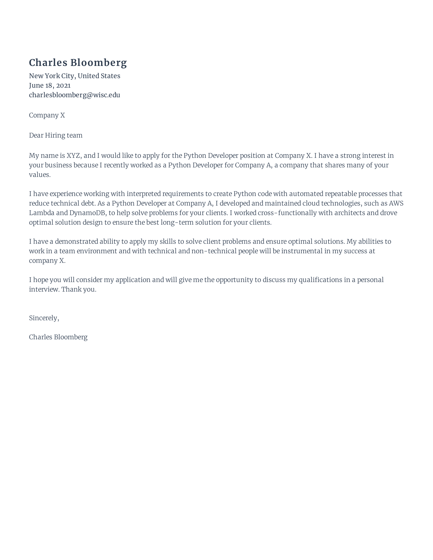 Free Python Developer Cover Letter Sample Rezi