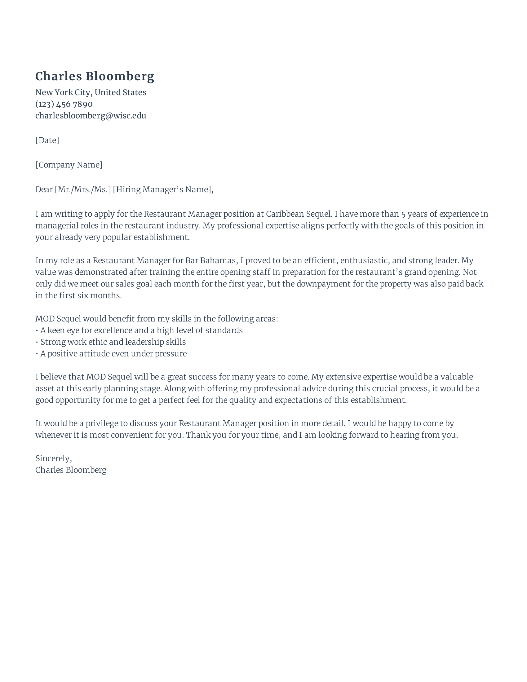 Free Restaurant Manager Cover Letter Sample Rezi
