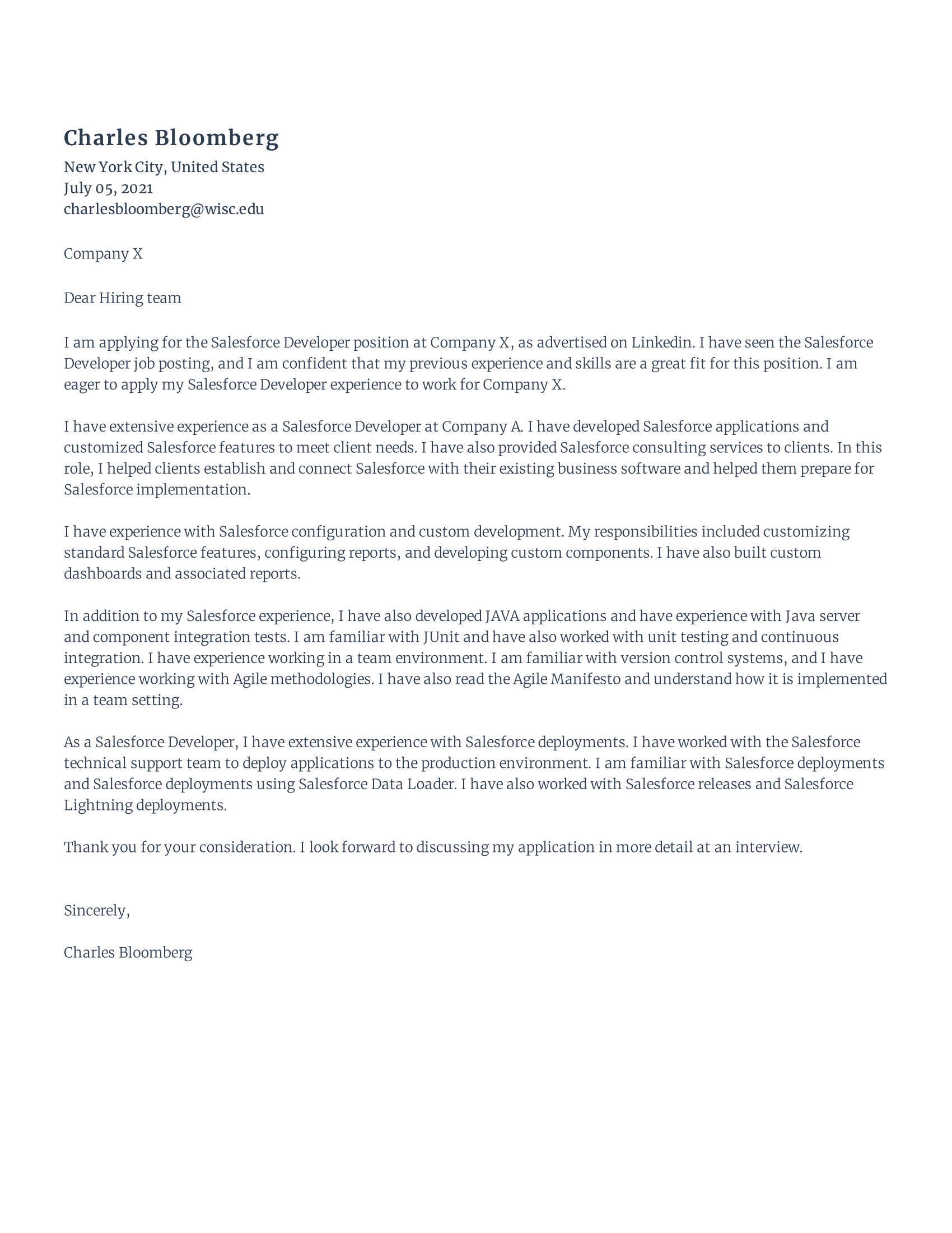 Free Salesforce Developer Cover Letter Sample Rezi