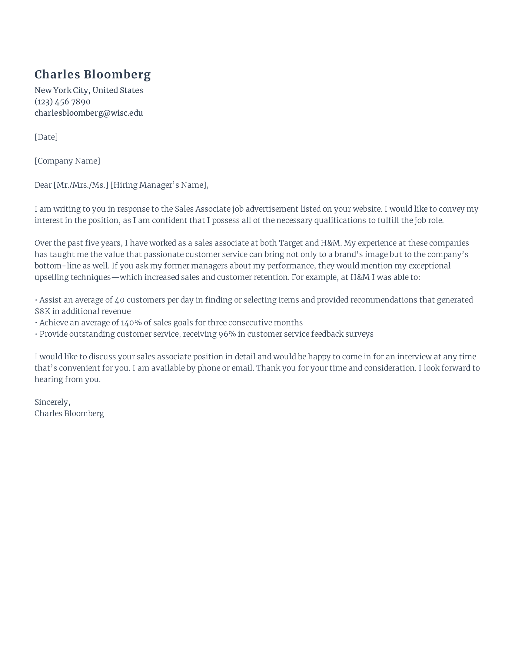 Free Retail Sales Associate Cover Letter Sample Rezi
