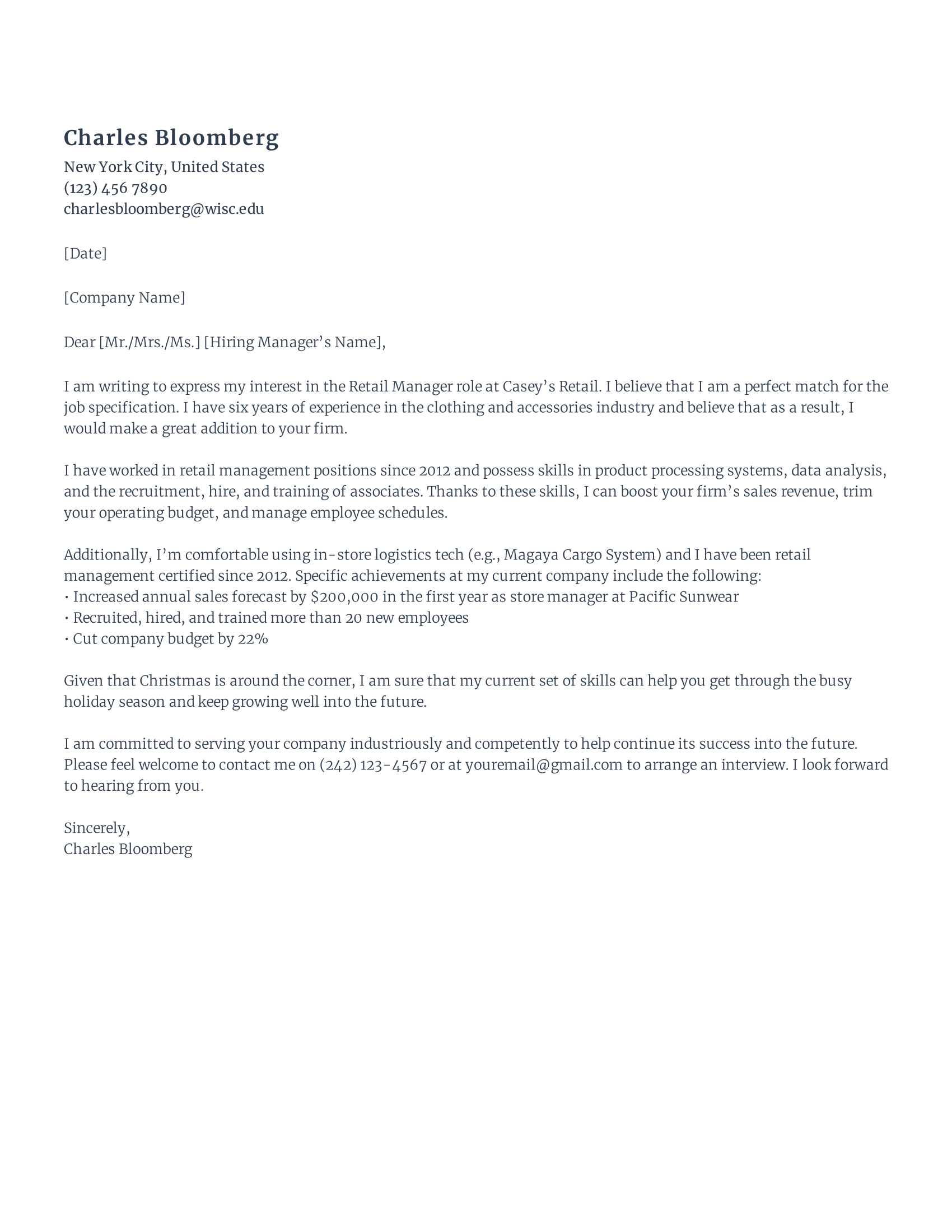 Free Retail Manager Cover Letter Sample Rezi