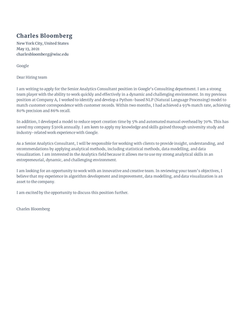 Free Senior Data Analyst Cover Letter Sample - Rezi
