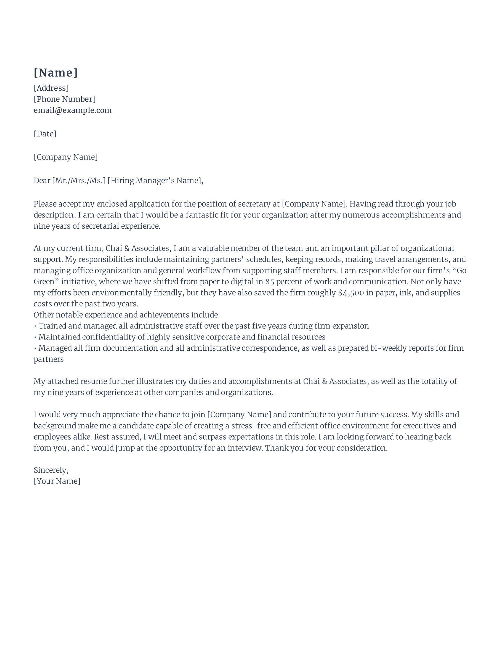 Free Secretary Cover Letter Sample Rezi