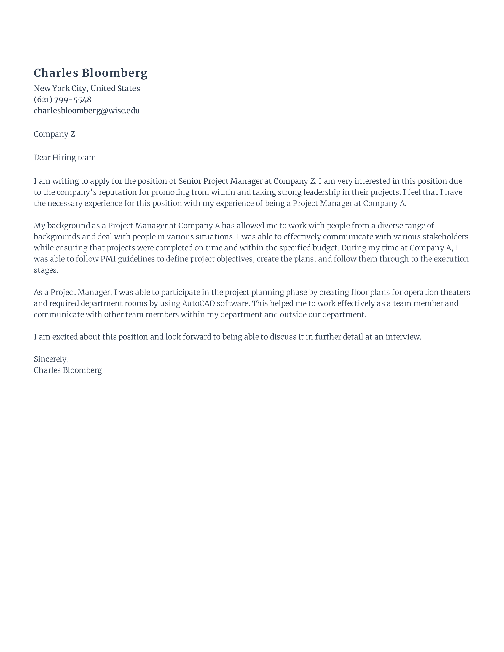Free Senior Project Manager Cover Letter Sample Rezi