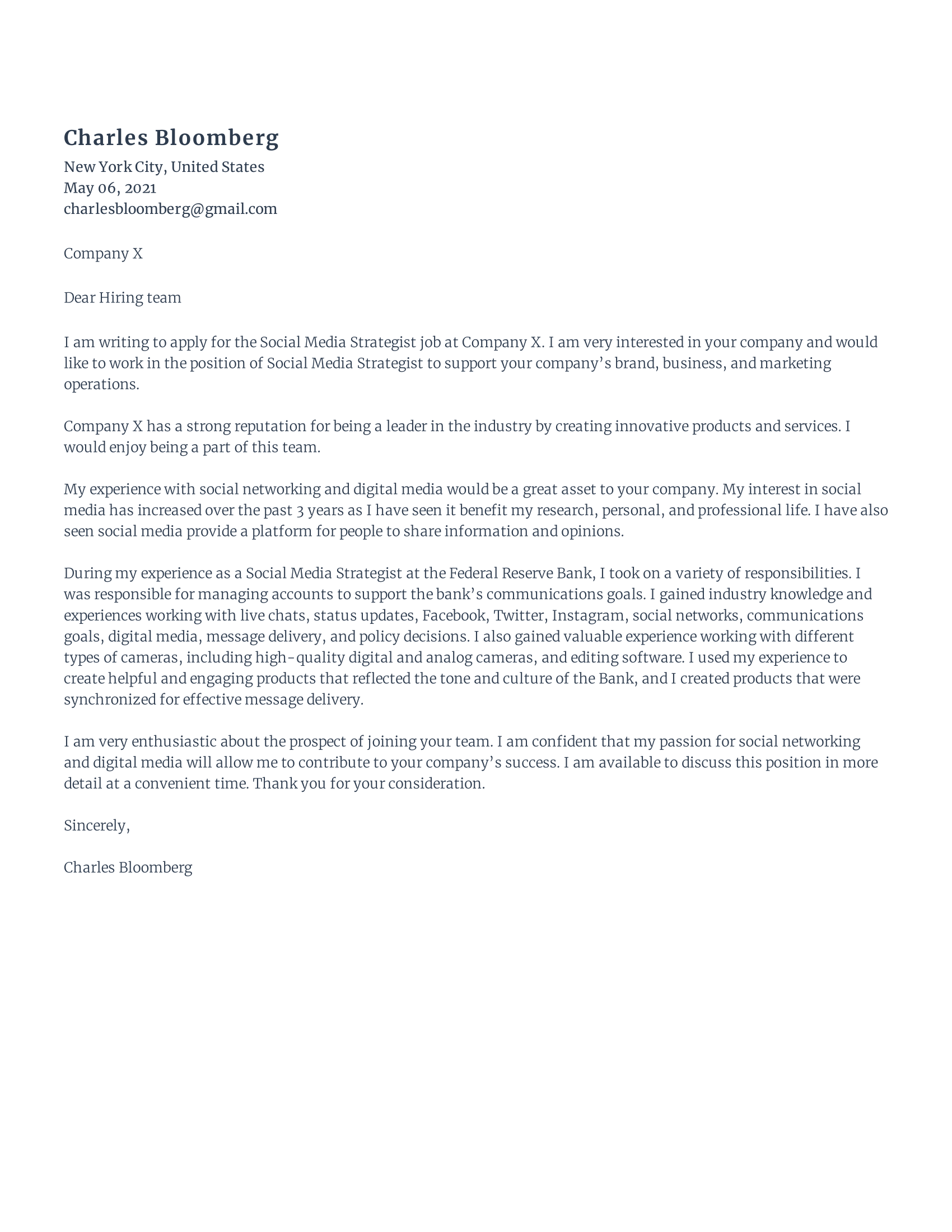 Social Media Marketing Cover Letter