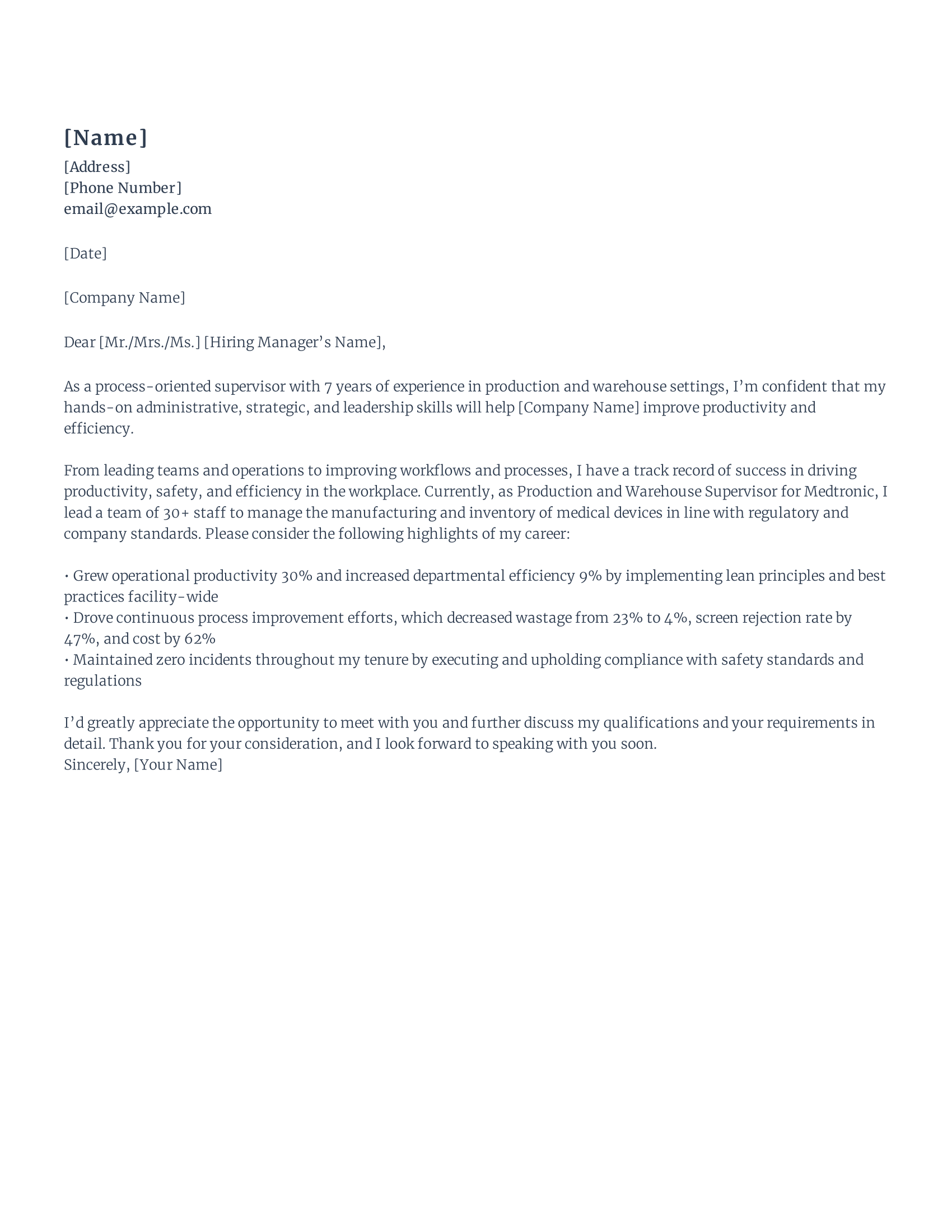 Free Supervisor Cover Letter Sample Rezi