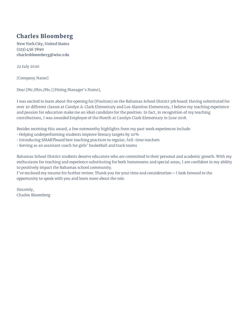 Free Substitute Teacher Cover Letter Sample - Rezi