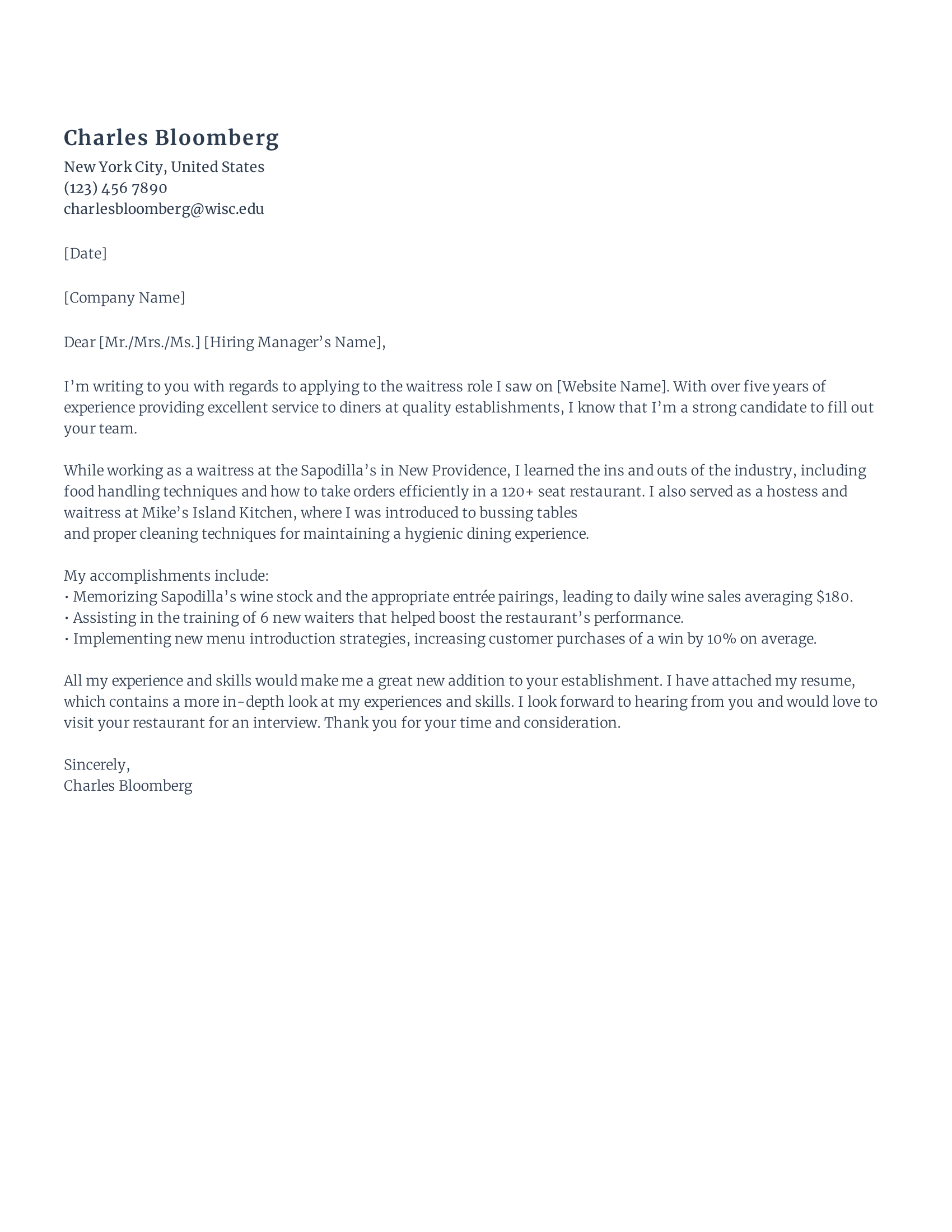 Free Waiter Waitress Cover Letter Sample Rezi