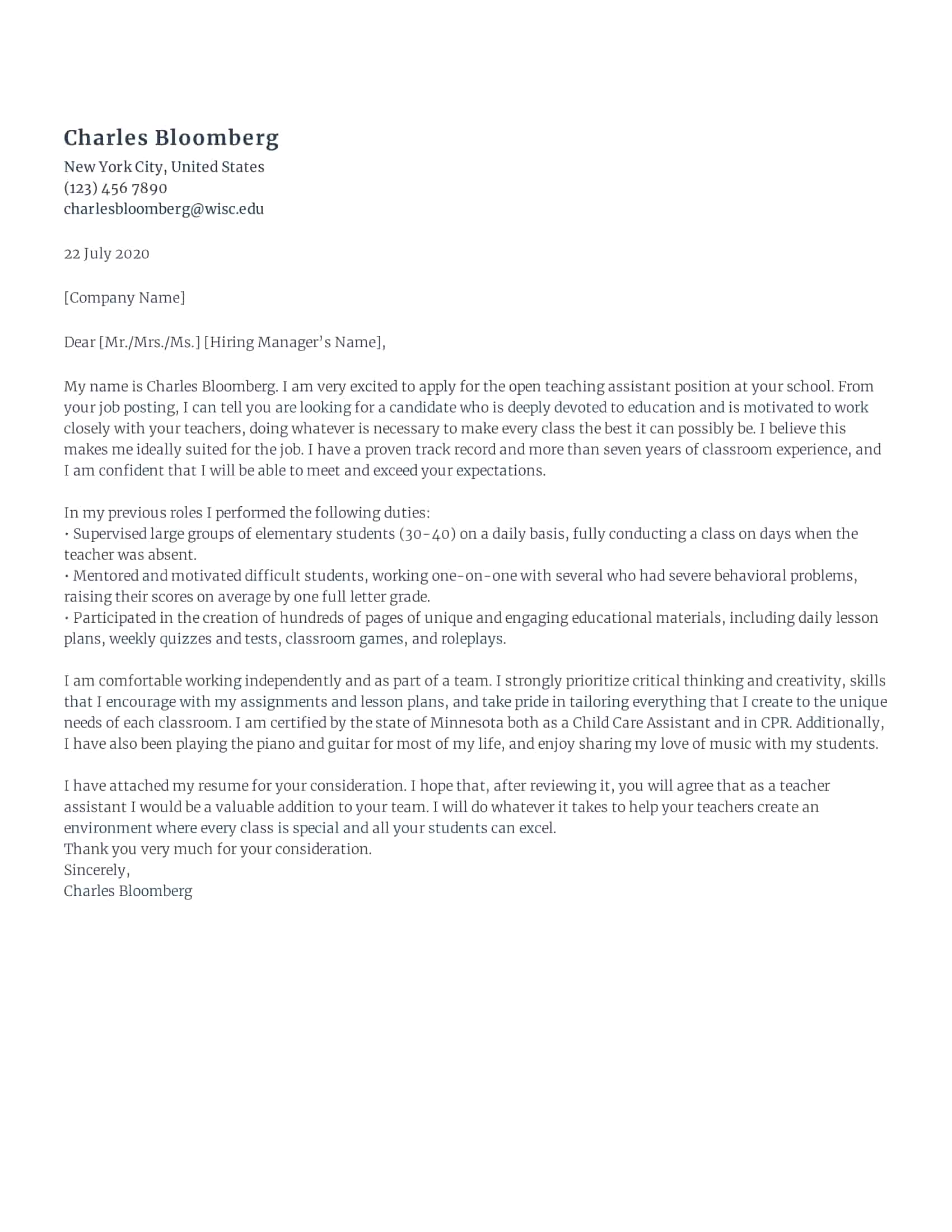 Free Teacher Assistant Cover Letter Sample Rezi