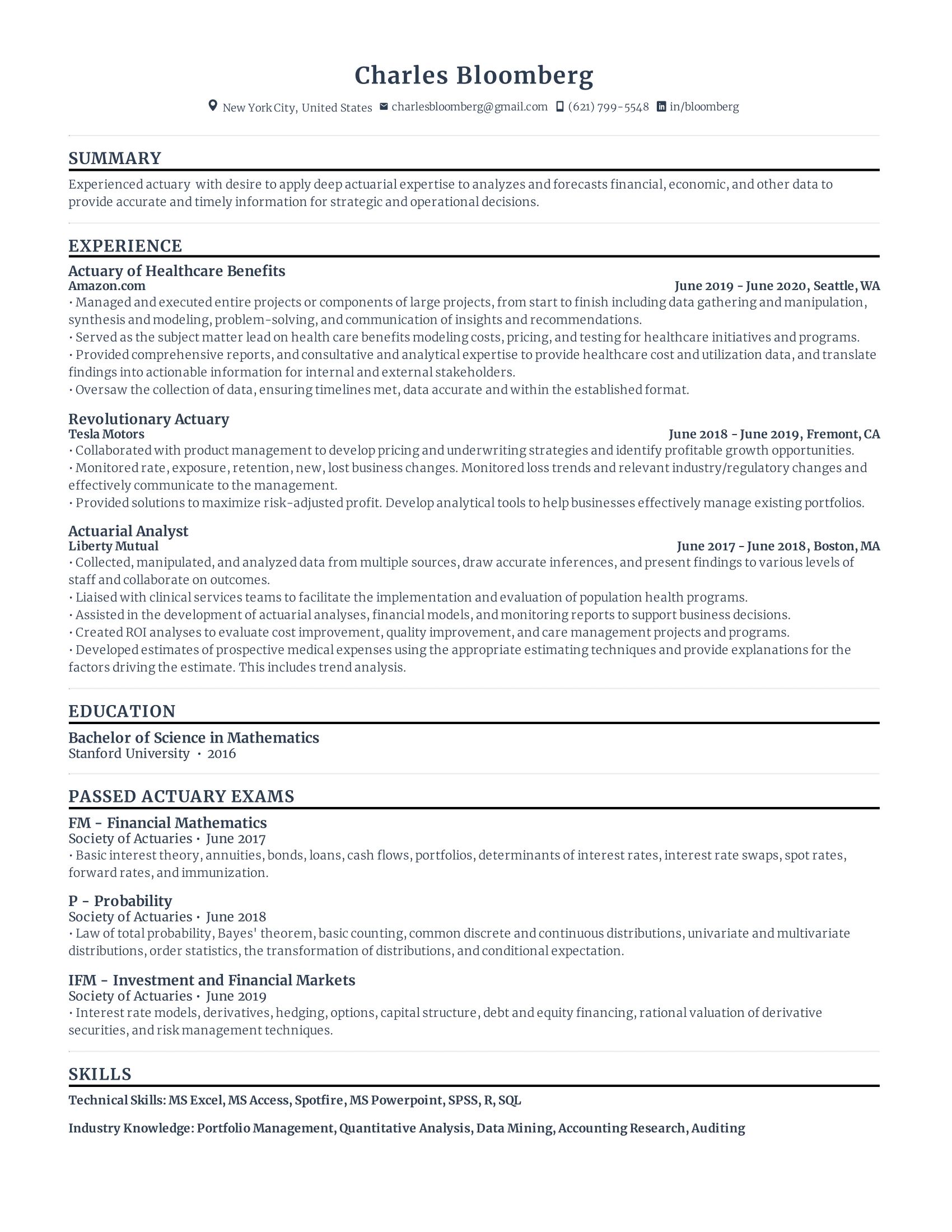Actuary Resume Example For 2023 Rezi Ai