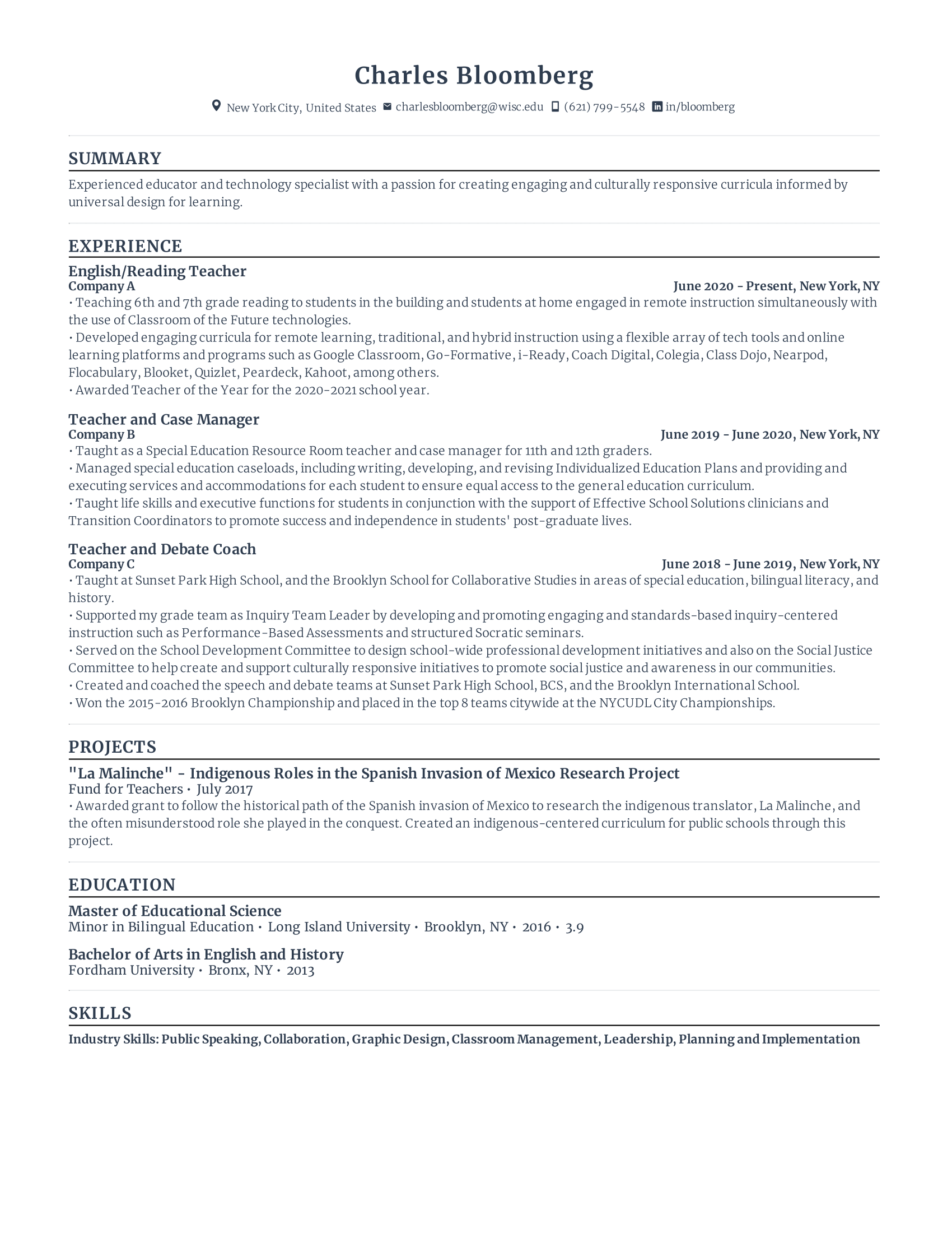 English Language Teacher Resume Example For 2023 Rezi Ai